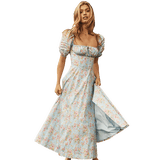 Ditsy Floral Print Puff Sleeve Tie Front High Split Dress Women Ruched ...
