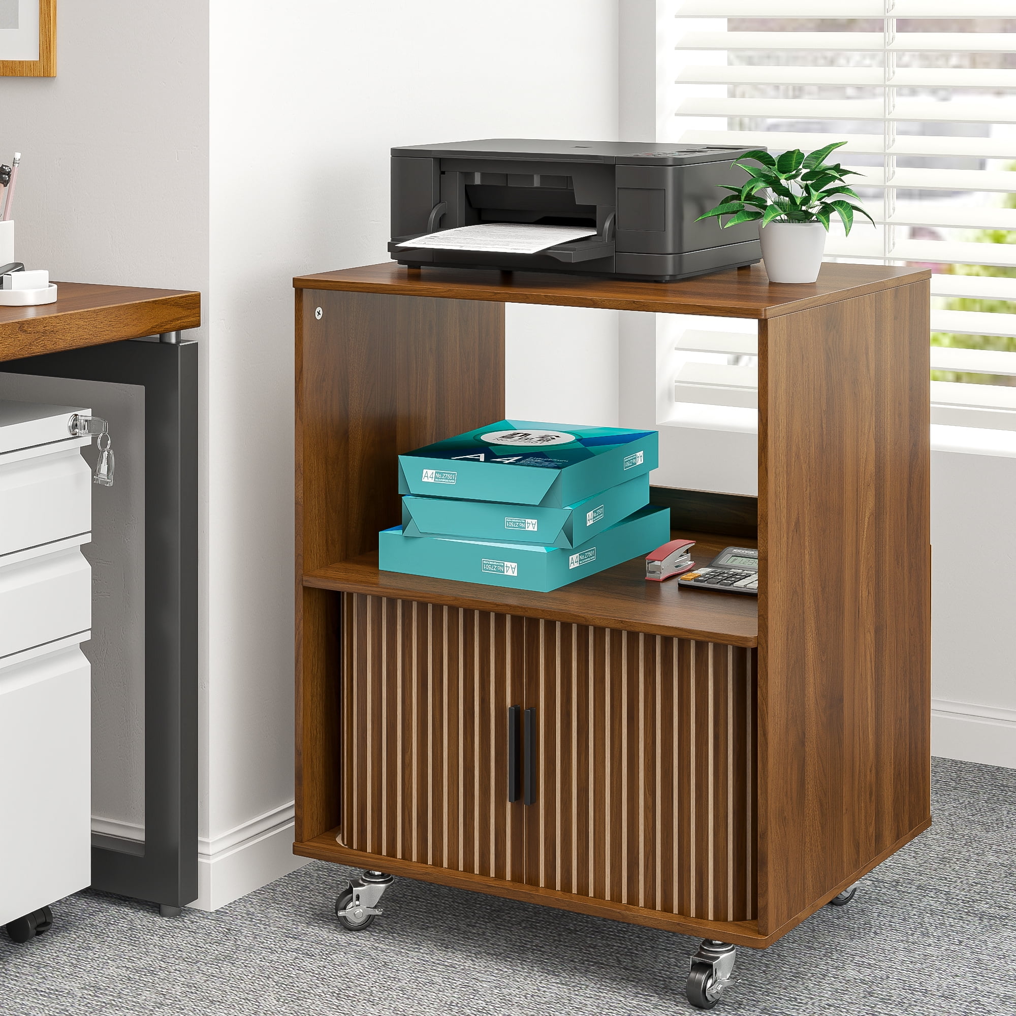 Diubas 3-Tier Printer Stand with Sliding Doors, Mid Century Modern ...