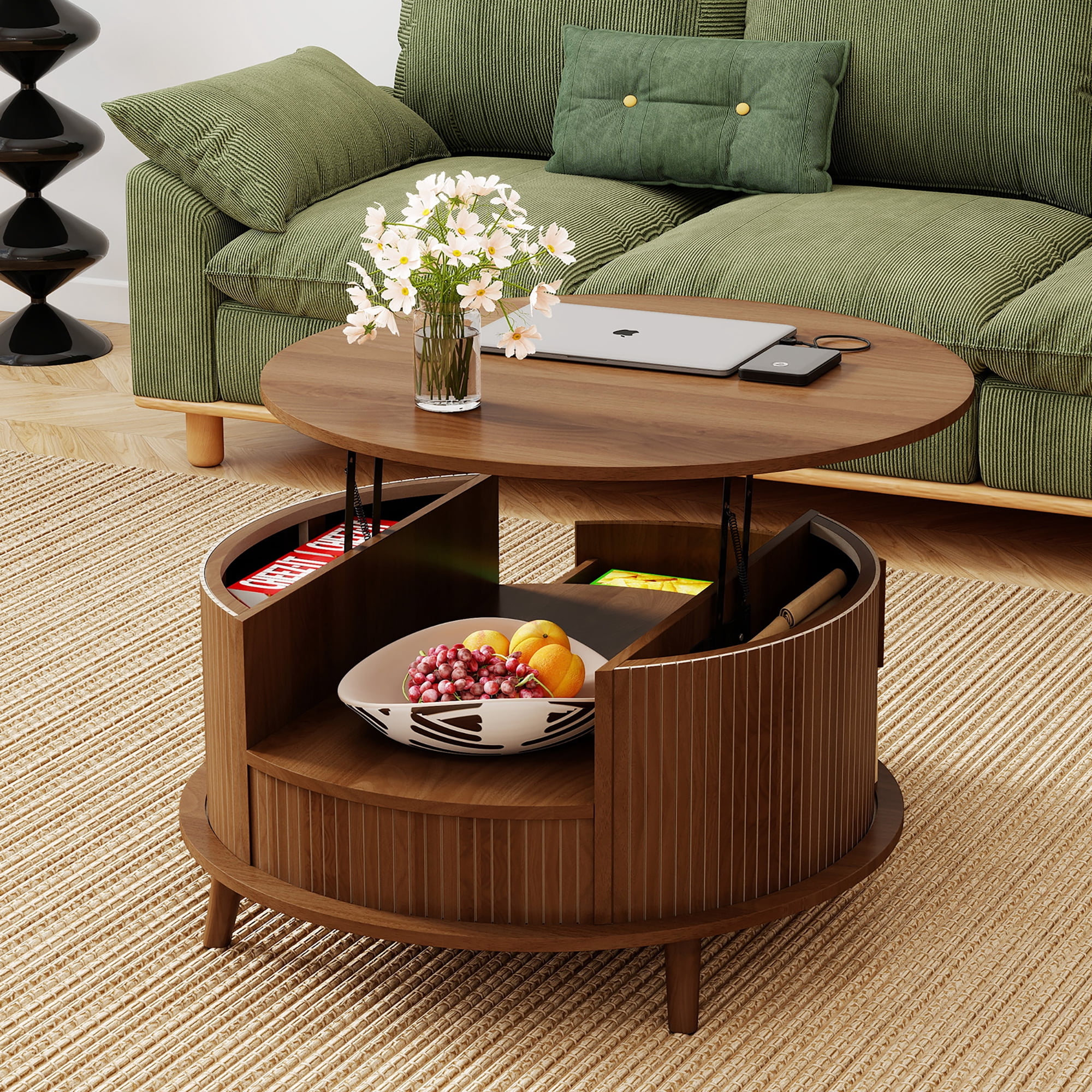 Diubas Lift Top Coffee Table, 31.5" Round Fluted Coffee Table with ...