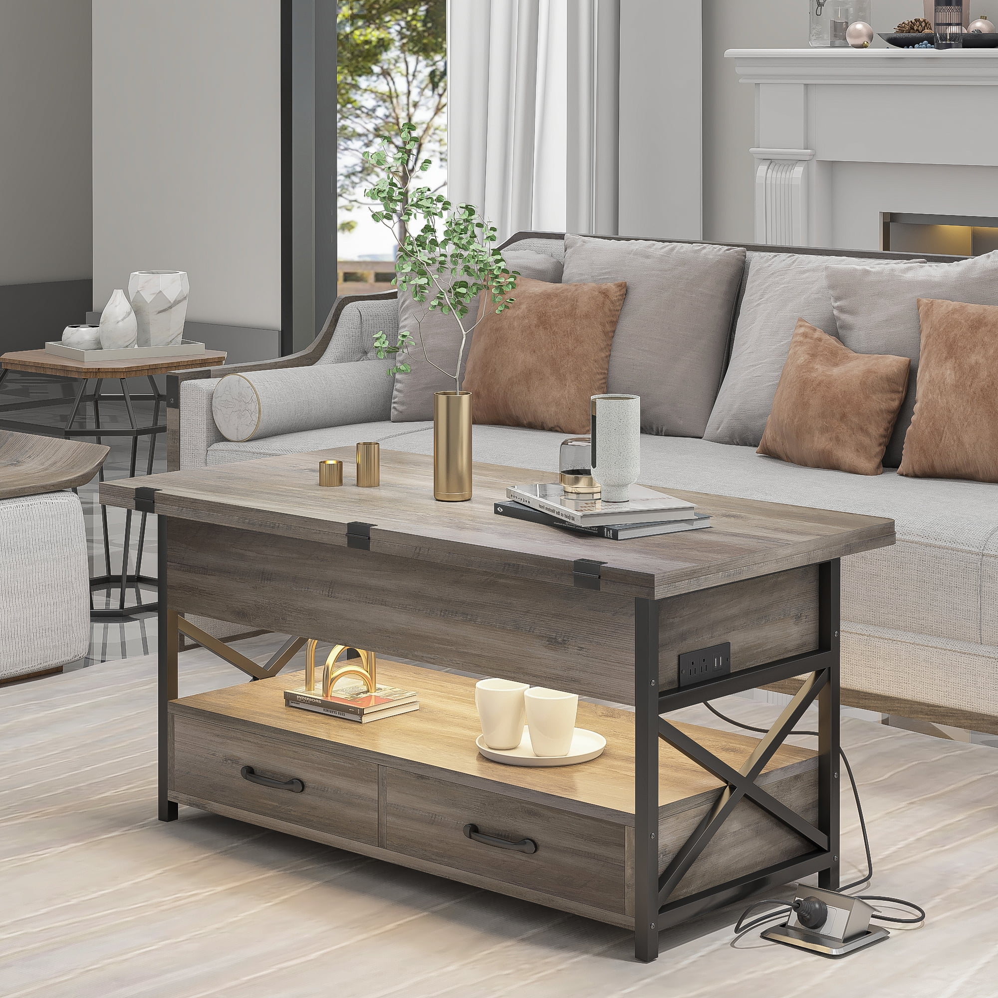 Lift Top Coffee Table with LED Light, Power Outlets, and Storage Shelf ...