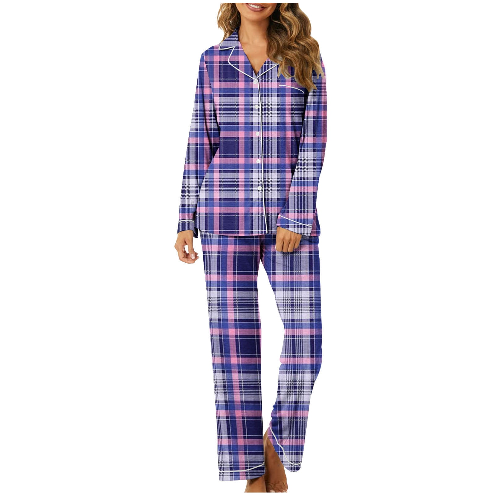 Diufon 2 Piece Sleepshirt Suits for Women Plaid Pajamas Set Wide Leg ...