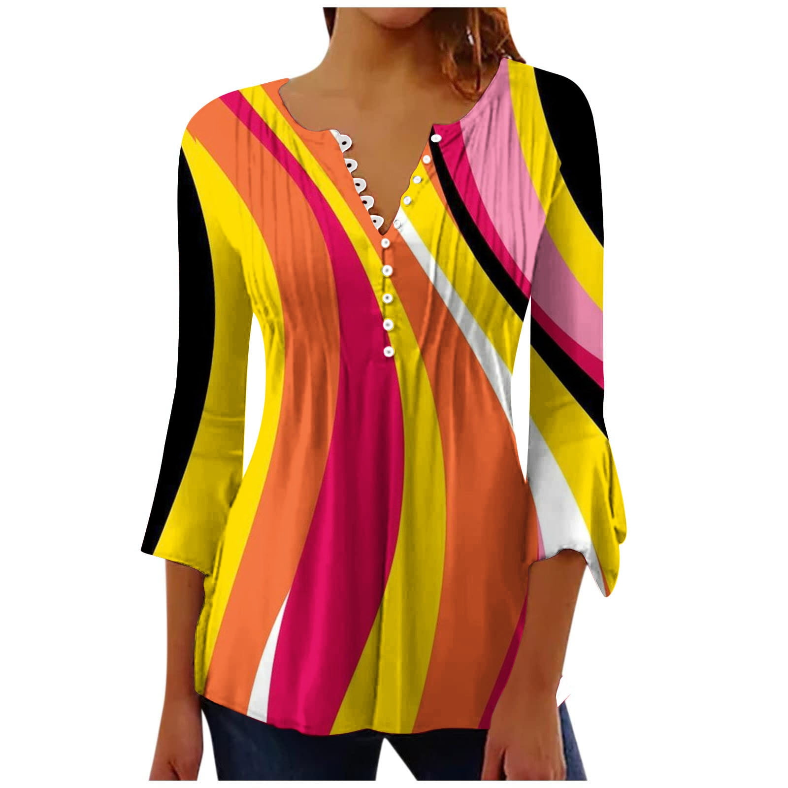 Diufon 3 4 Ruffled Sleeve Blouse For Women Pleated V Neck With Button