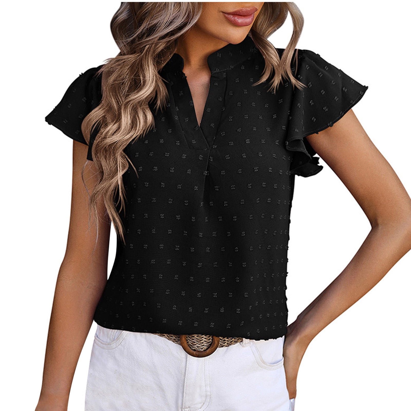 Diufon Blouses for Women Chiffon V Neck Puff Short Sleeve Solid Color ...