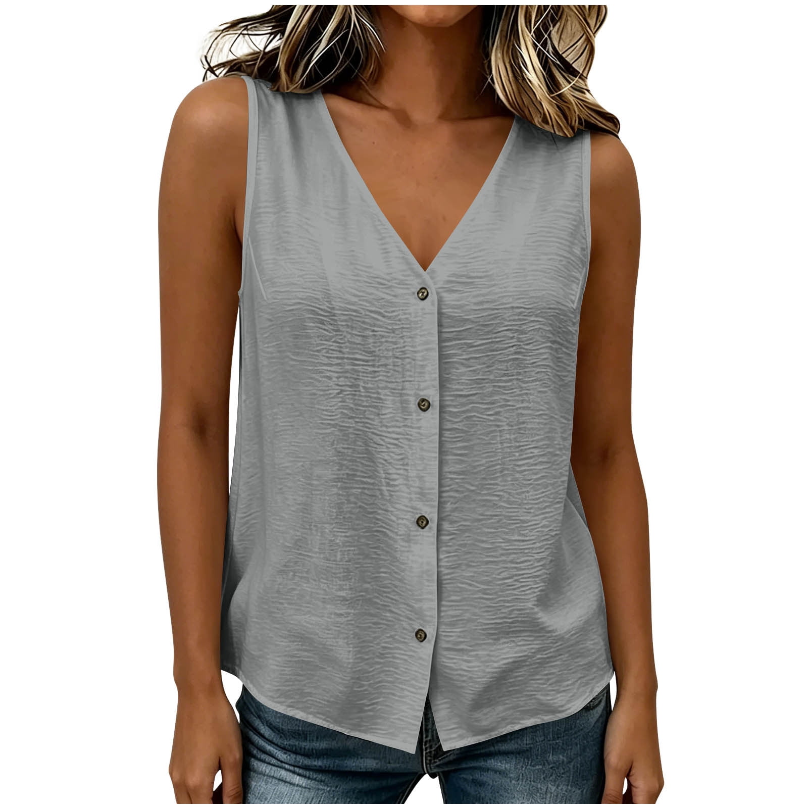 Diufon Button Front Tank Tops for Women Sleeveless V Neck Textured ...