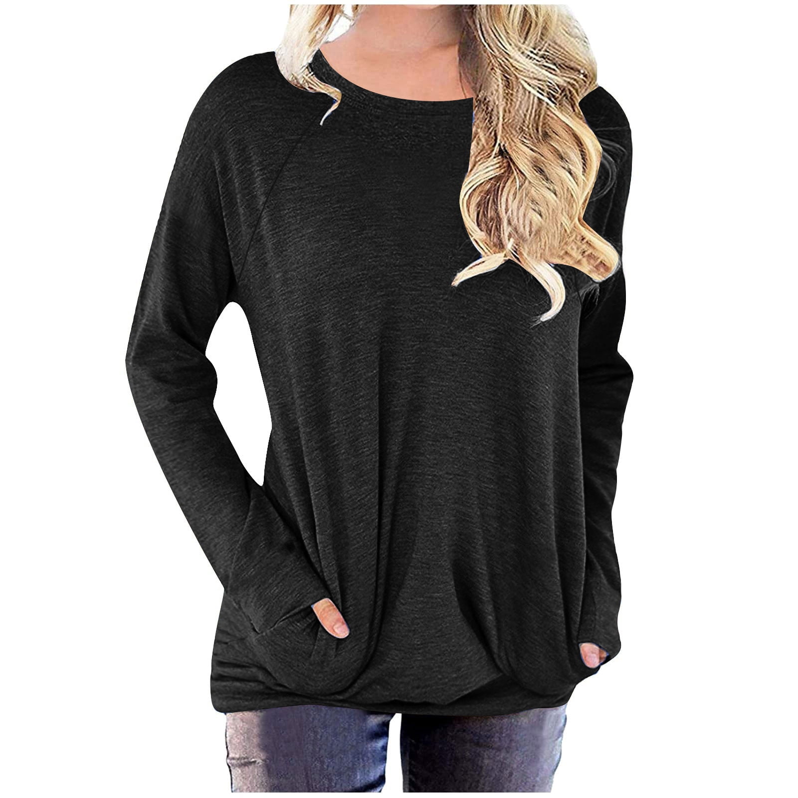 Diufon Fall Tops for Women Round Neck Long Sleeve Blouses Casual Solid ...