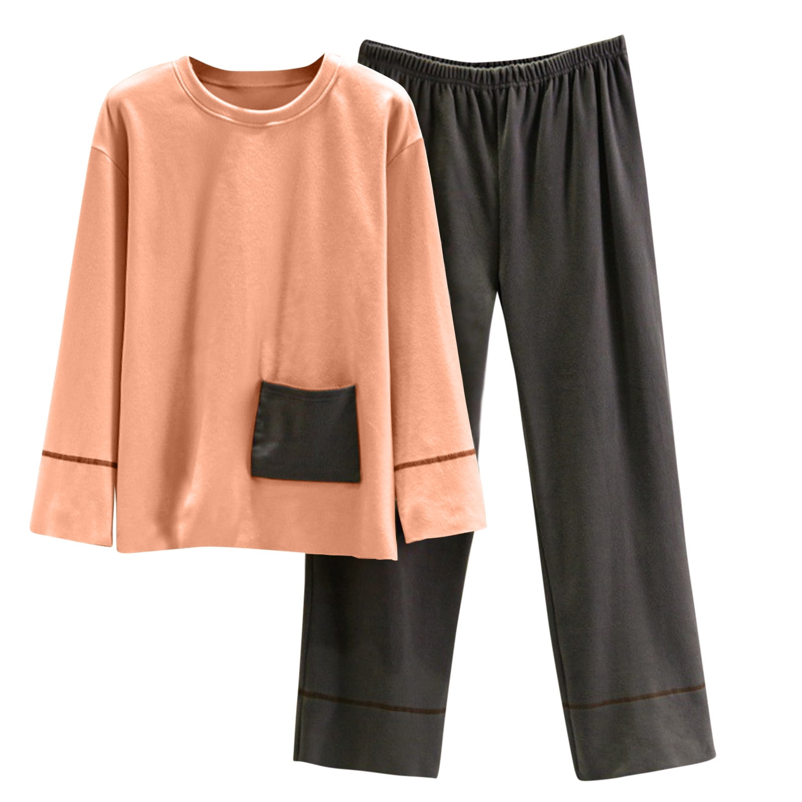 Diufon Fall Winter Pajama Suits for Women Comfy Long Sleeve Tops with Pocket Pants Sleepwear 2pc ...