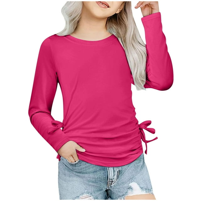 Diufon Girls Cute Long Sleeve Shirts Side Ruched Knot Pullover Crewneck Tops Trendy Solid Color ...