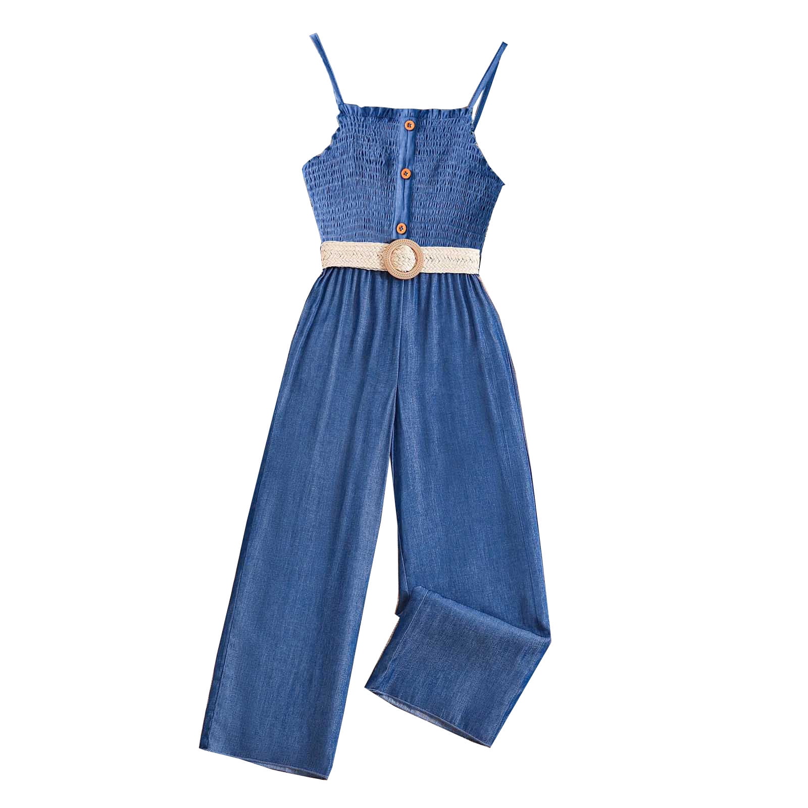 Diufon Girls Denim Rompers Solid Color Wide Leg Pants with Belts ...