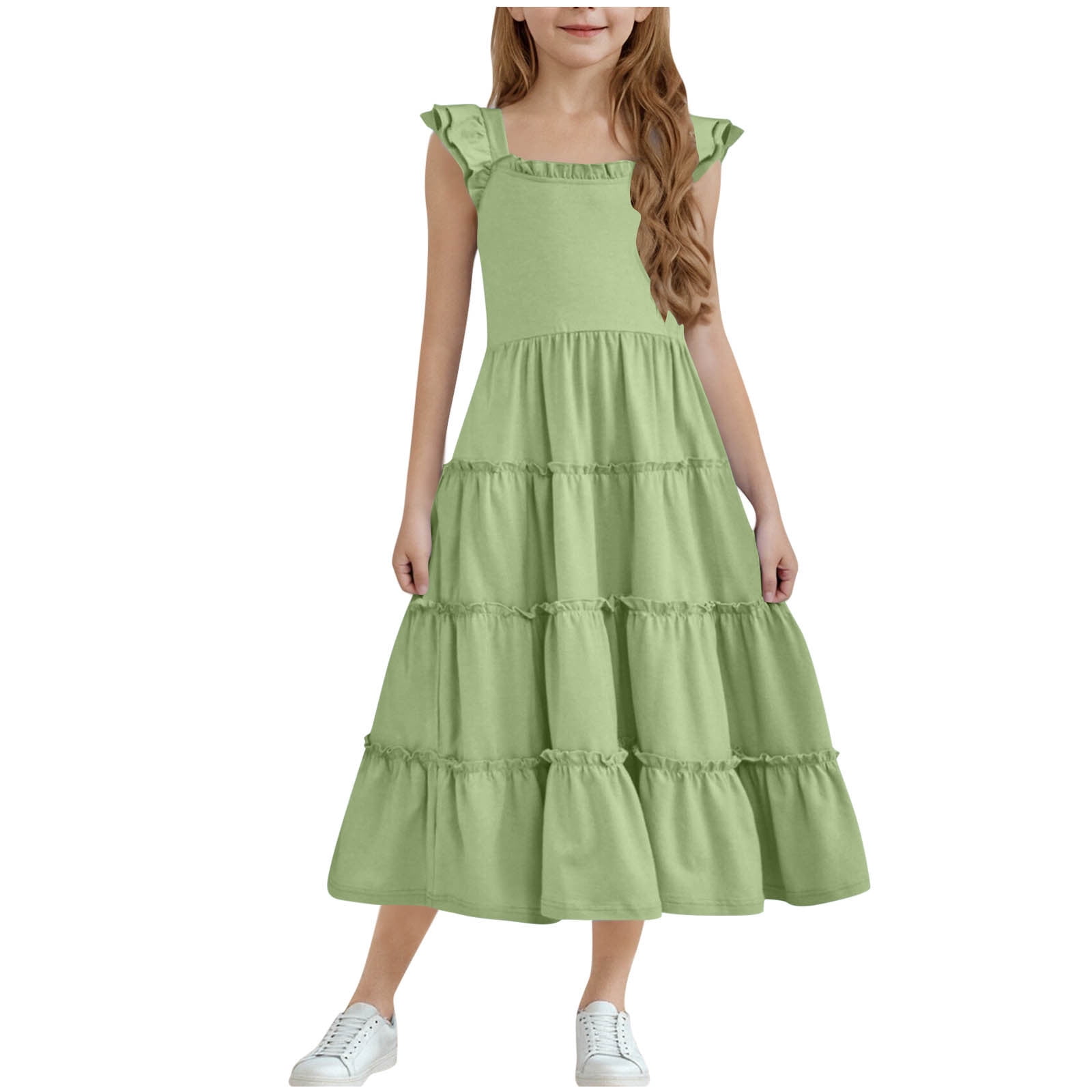 Diufon Girls Maxi Dress Summer Casual Cap Sleeve A Line Sundress Ruffle ...