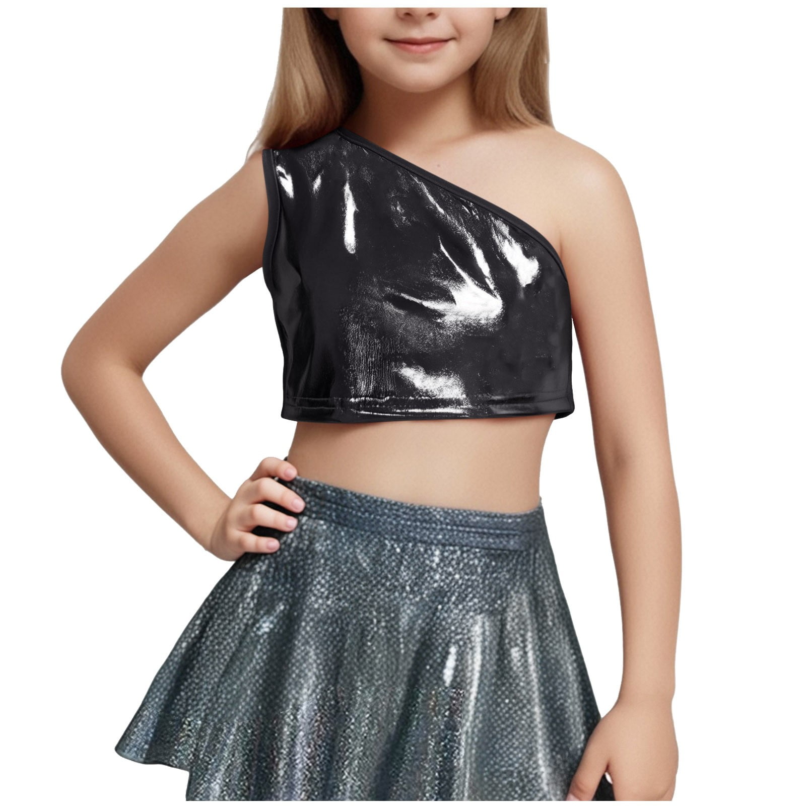 Diufon Girls Sparkly Tank Crop Tops Sleeveless Single Shoulder Glitter ...