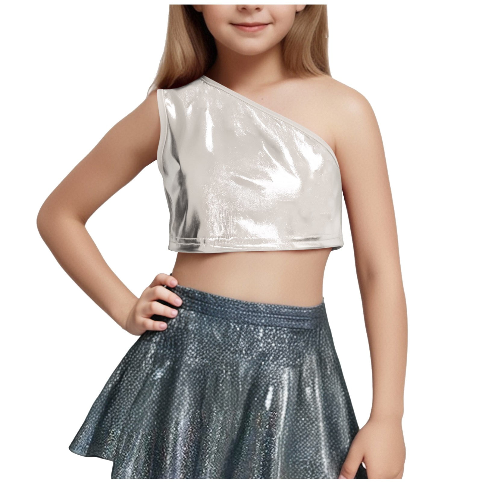 Diufon Girls Sparkly Tank Crop Tops Sleeveless Single Shoulder Glitter ...