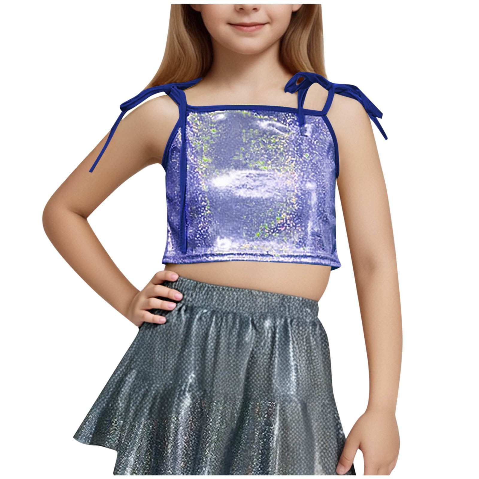 Diufon Girls Sparkly Tops Trendy Bow Tie Strap Glitter Party Crop Tops ...