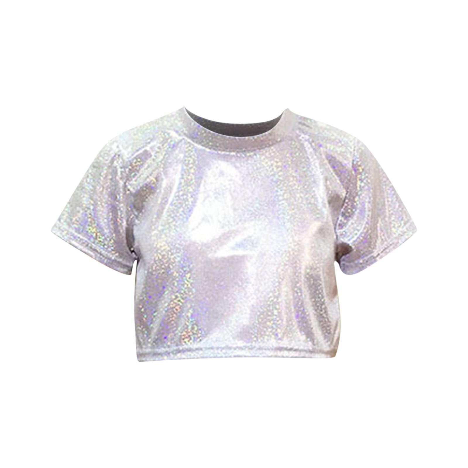 Diufon Girls Sparkly Tops Trendy Short Sleeve Glitter Party Crop Tops ...