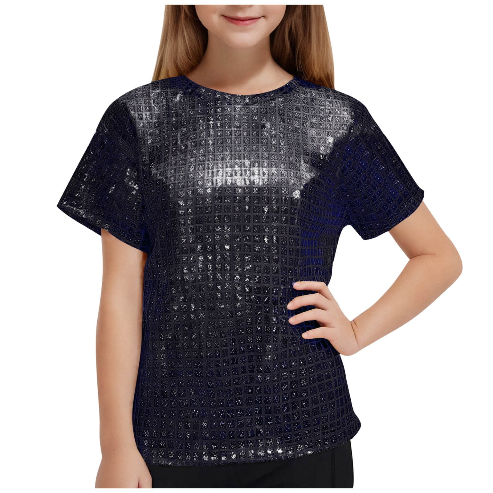 Diufon Girls Sparkly Tops Trendy Short Sleeve Glitter Party Top ...