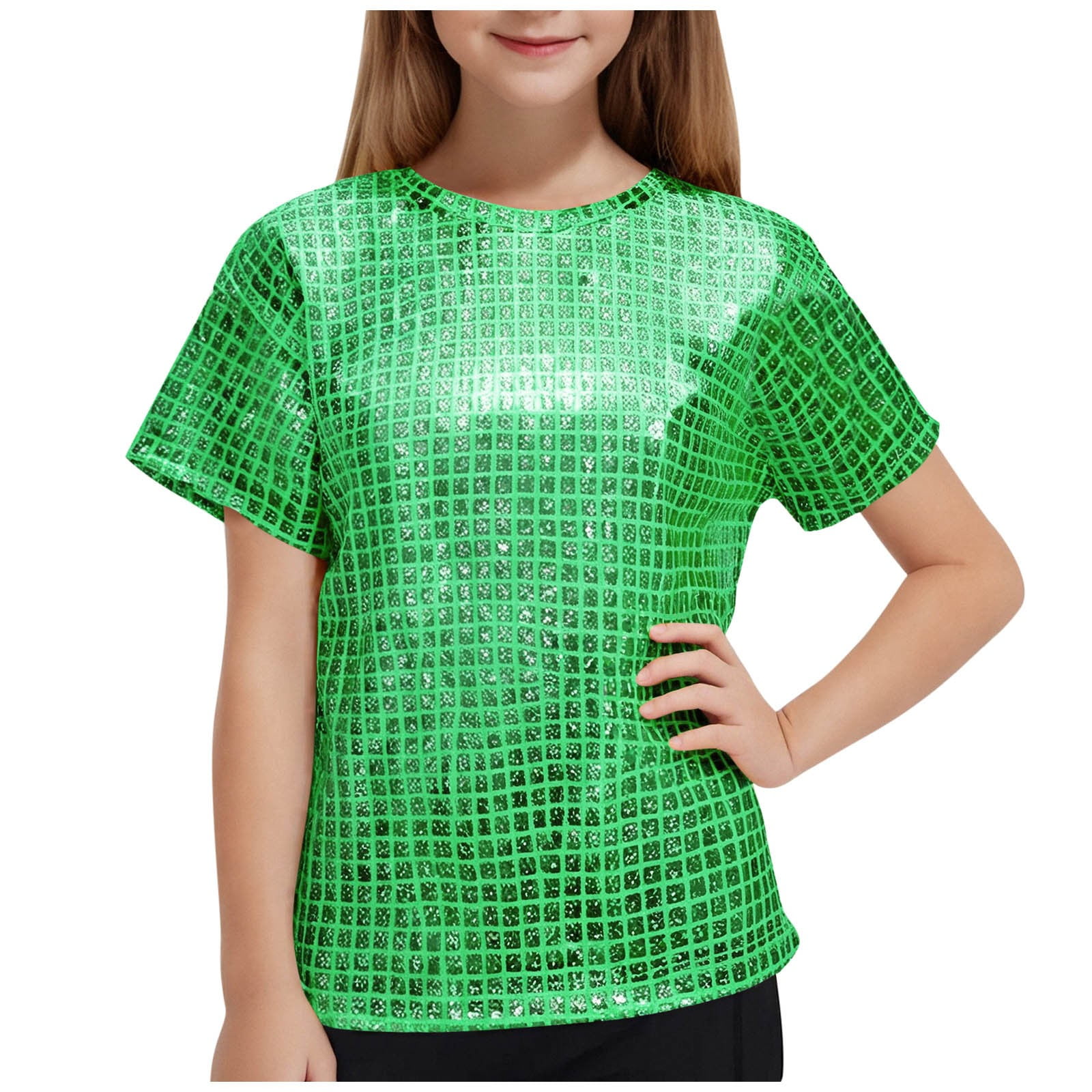 Diufon Girls Sparkly Tops Trendy Short Sleeve Glitter Party Top ...