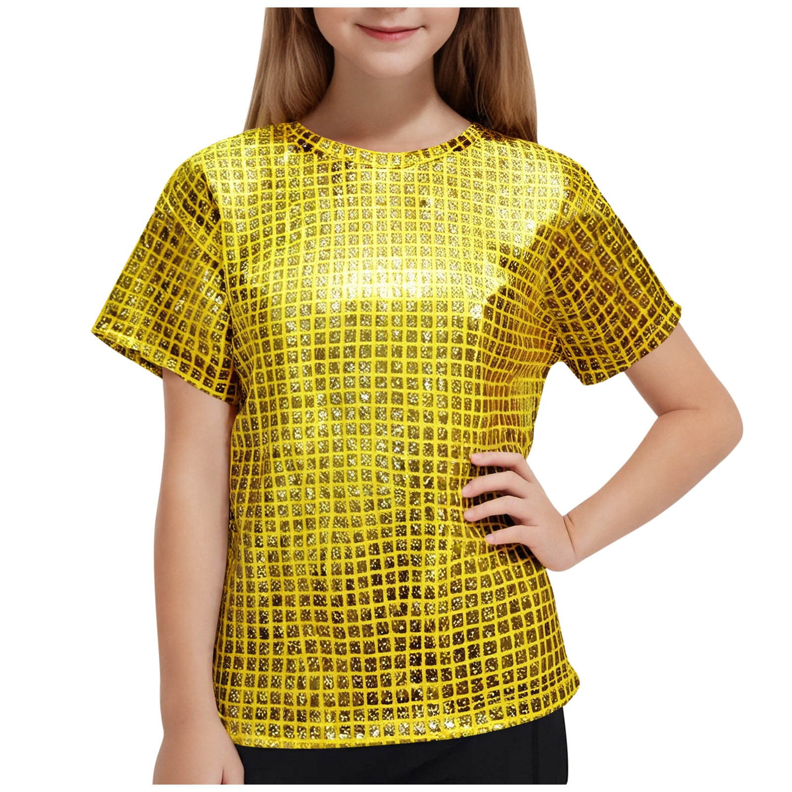 Diufon Girls Sparkly Tops Trendy Short Sleeve Glitter Party Top ...