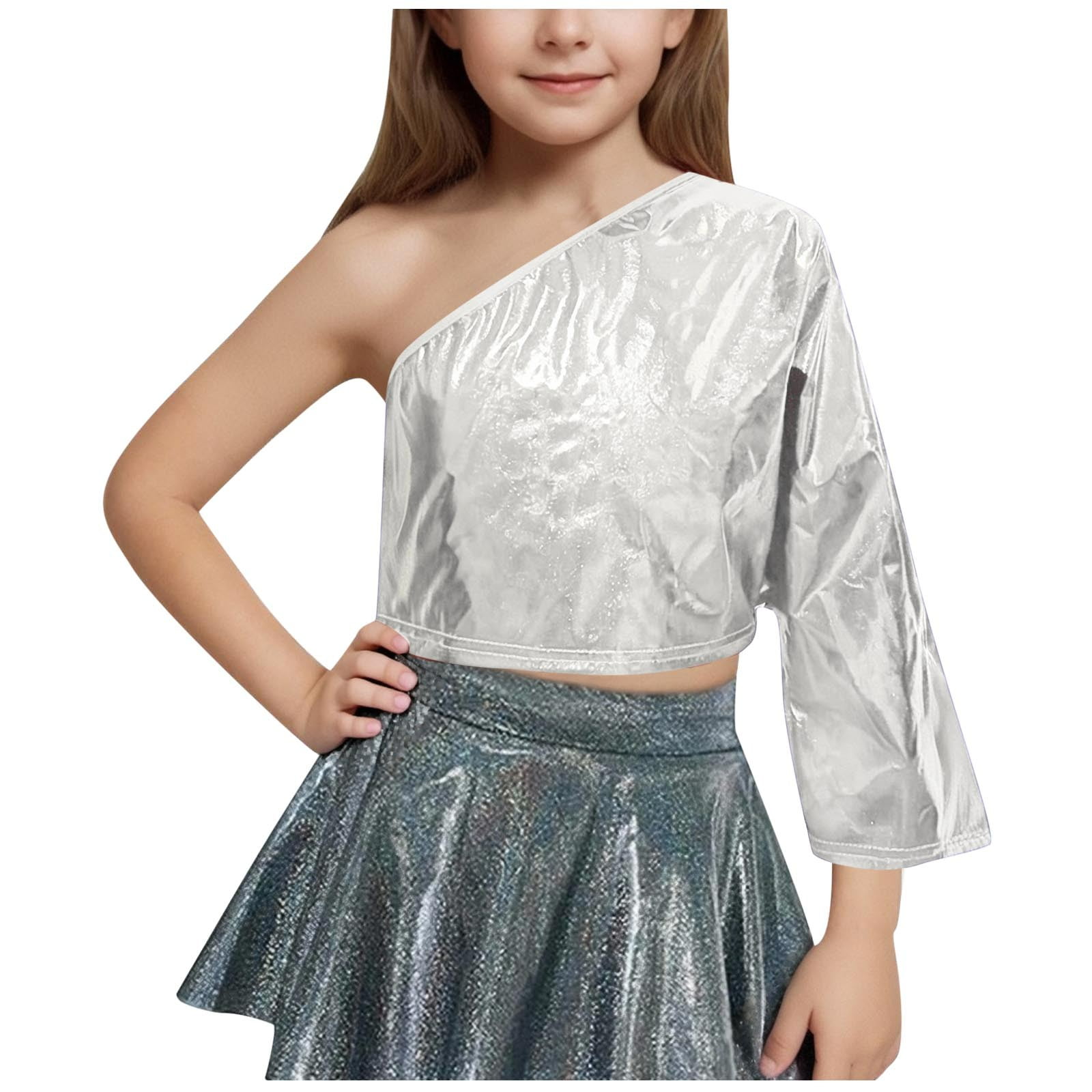 Diufon Girls Sparkly Tops Trendy Single Shoulder Glitter Party Crop ...