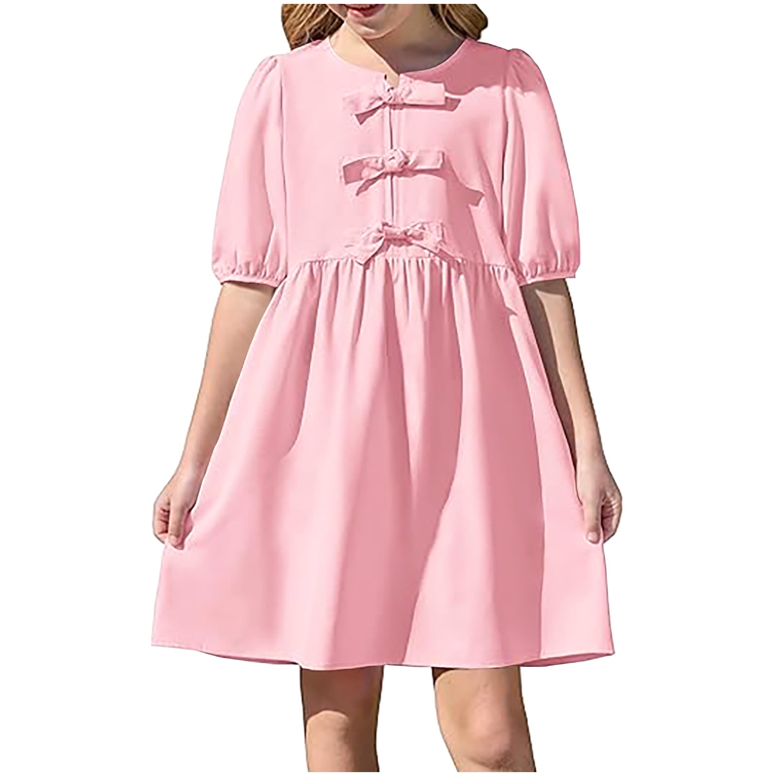 Diufon Girls Summer Dresses Short Sleeve Bow Tie Back Button Crewneck ...
