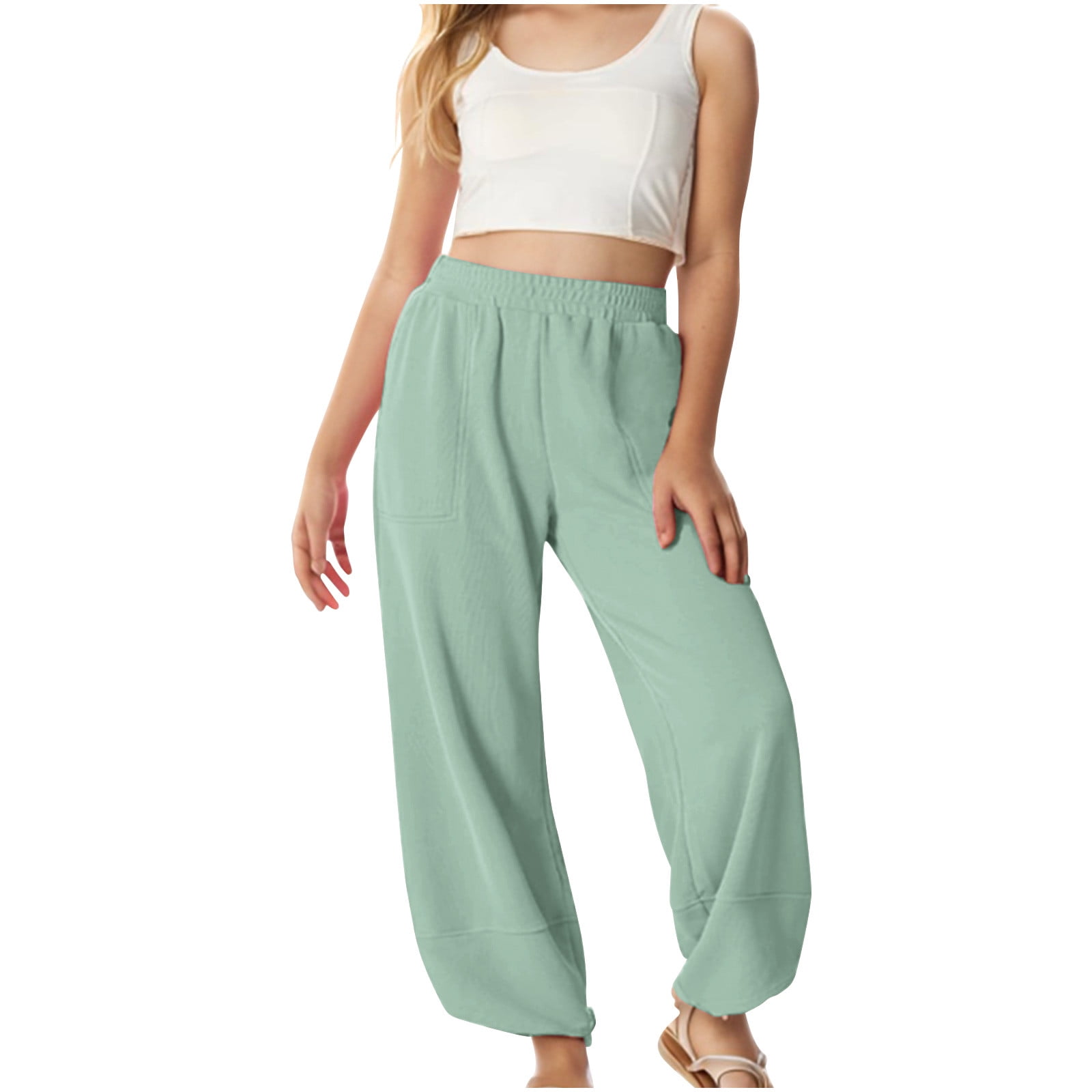 Diufon Girls Wide Leg Pants Cotton Linen Elastic High Waist Athletic ...
