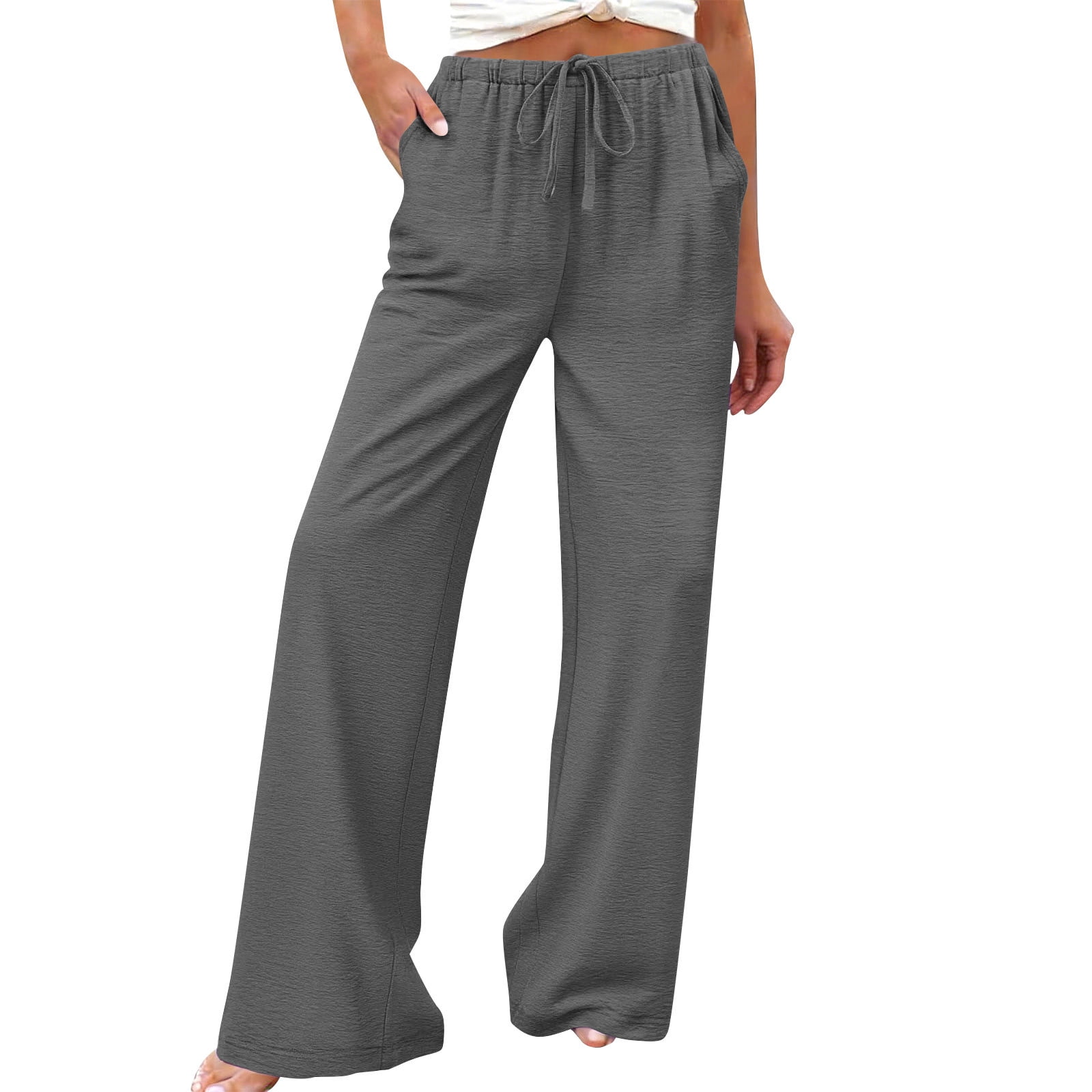 Diufon Women's Linen Pants Drawstring Waist Wide Leg Palazzo Pant ...
