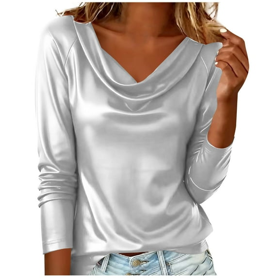 Diufon Leather Tops for Women Dressy Casual Cowl Neck Long Sleeve Top ...