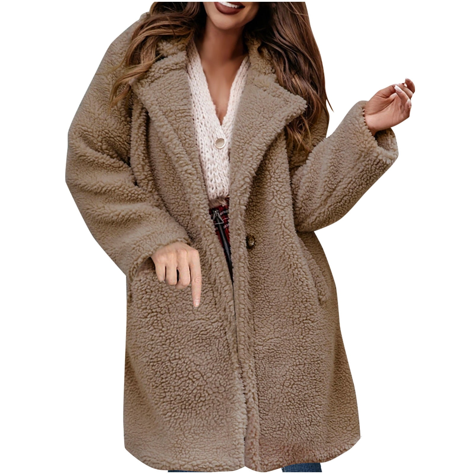 Diufon Long Fleece Jacket for Women Casual Long Sleeve Lapel Coat ...