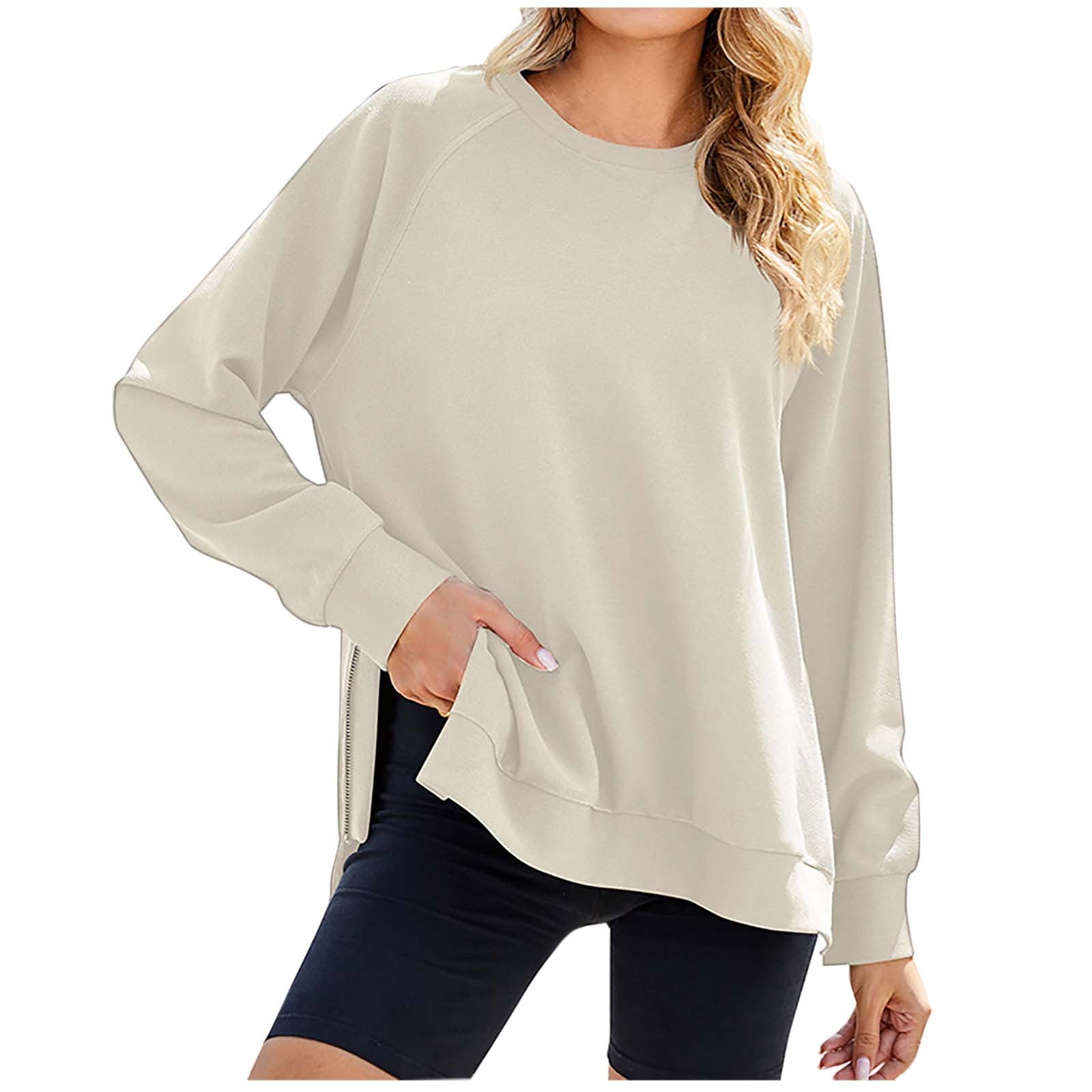 Diufon Long Sleeve Tops for Women Round Neck Pullover Tops Solid Color ...