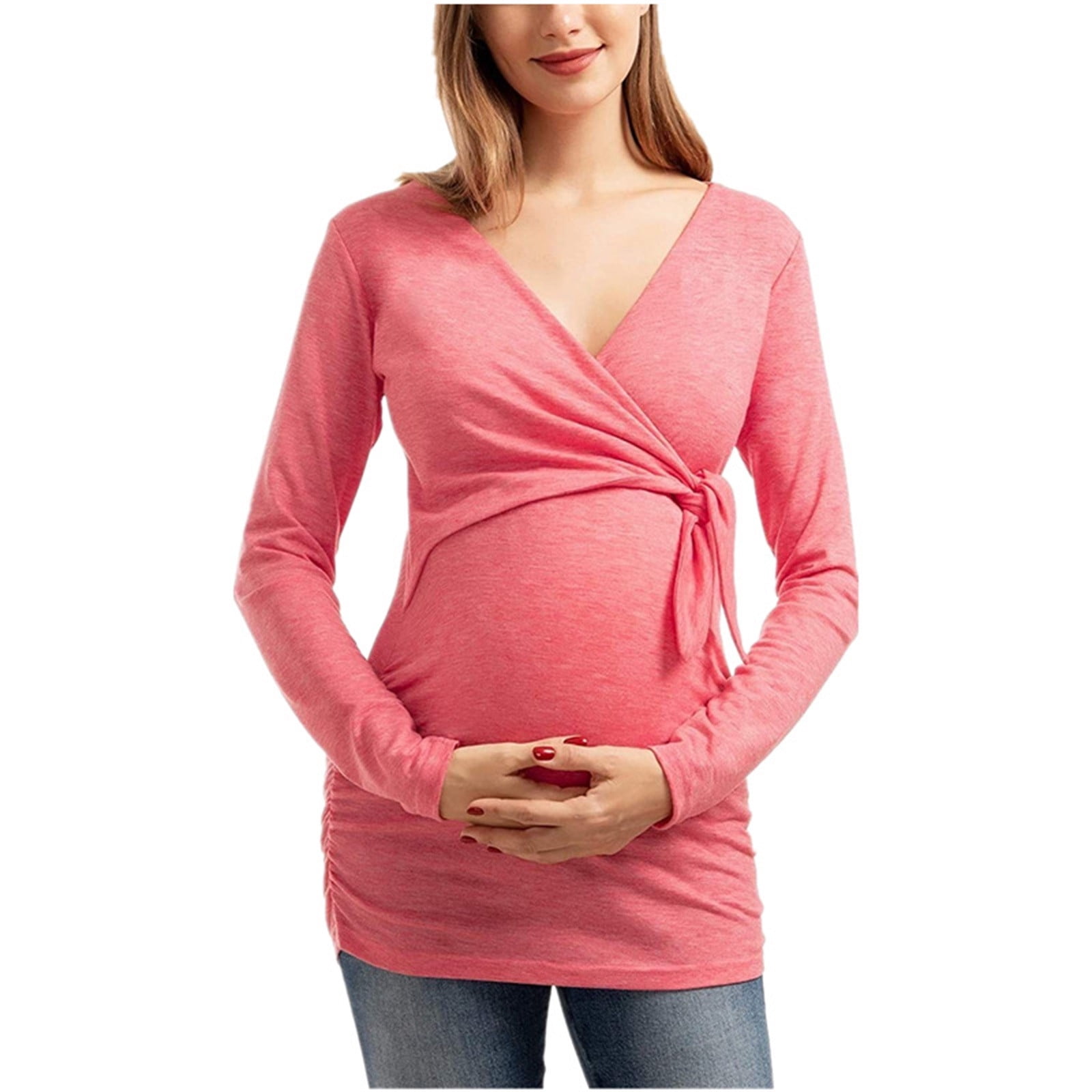 Diufon Maternity Nursing Tops for Women Long Sleeve V Neck Tie Front ...