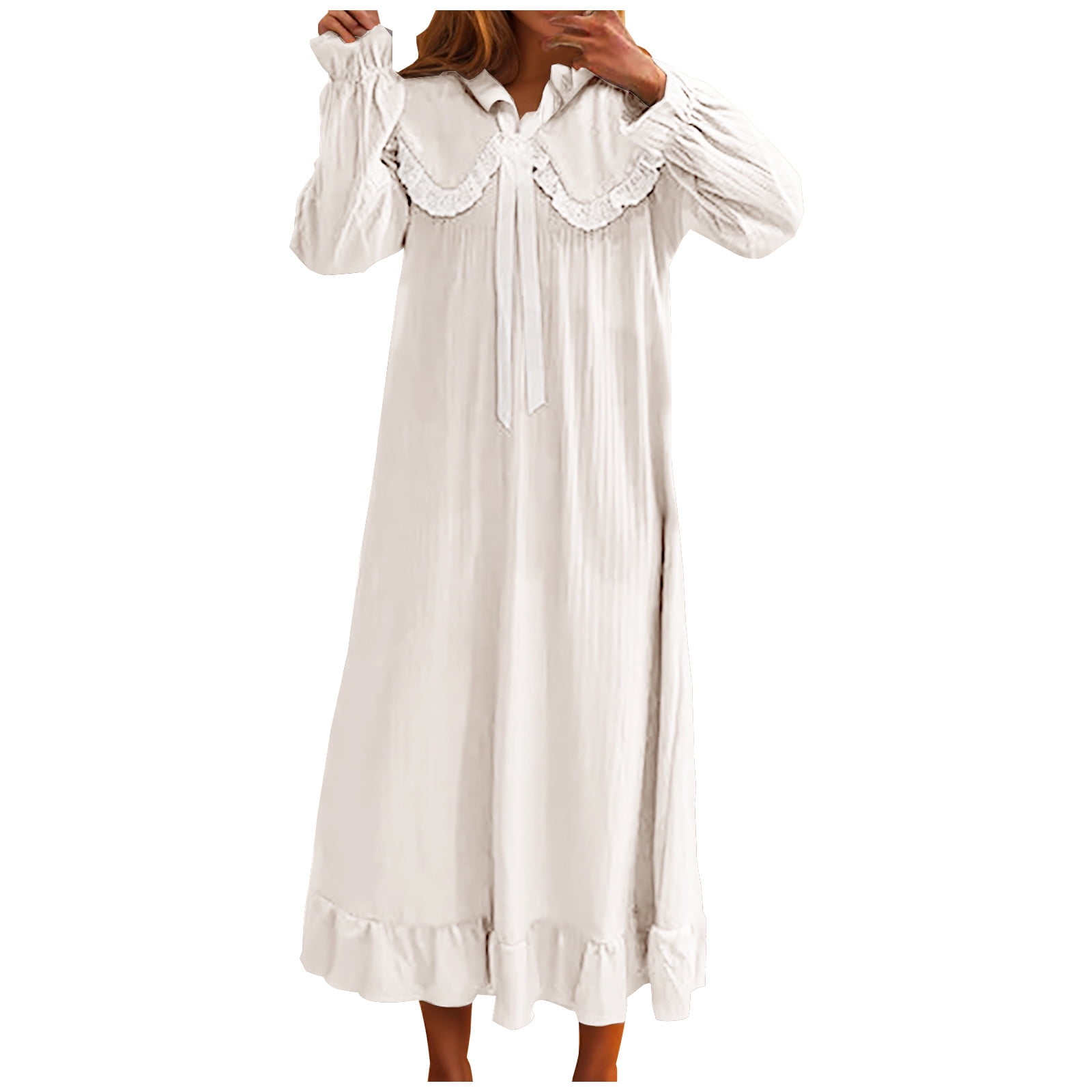 Diufon Nightgowns for Women Casual Lace V Neck Long Sleeve Pajama Dress ...