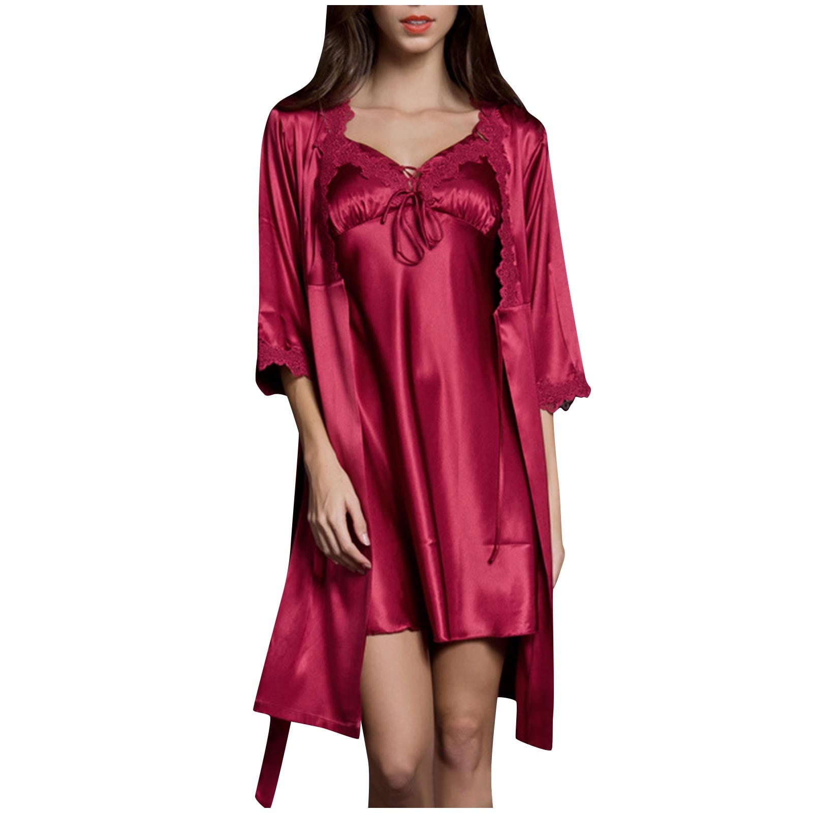 Diufon Pajamas Nightgown Set for Women Satin Cardigan with Lace Cami ...