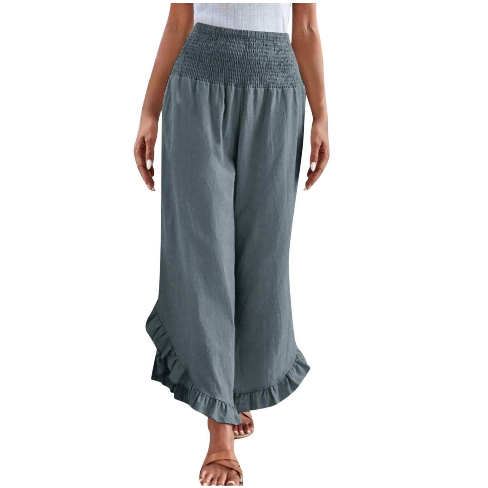 Diufon Women Linen Pants Summer Wide Leg Pants High Waist Ruffle Hem ...