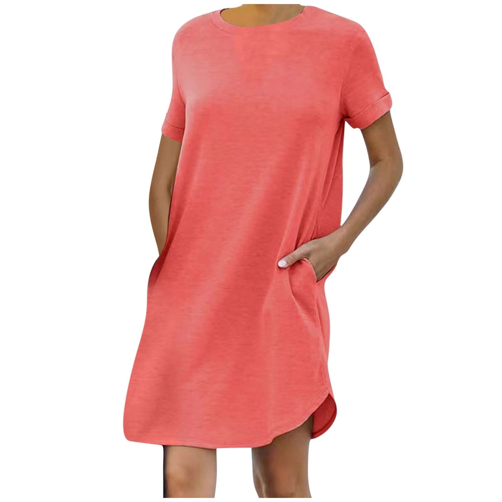 Diufon Plus Size Womens Dresses Solid Color Midi Dress Round Neck Short ...