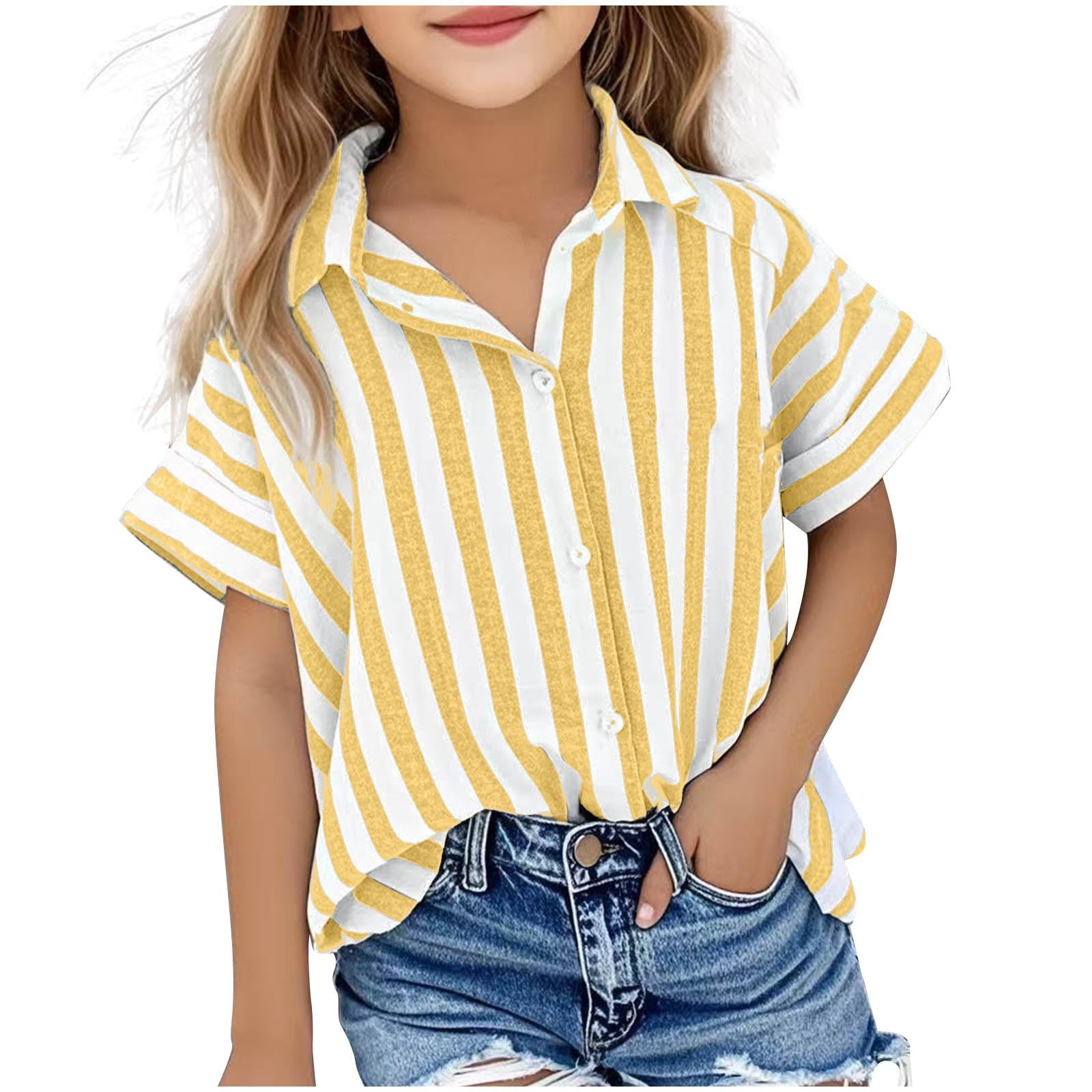 Diufon Shirts for Girls Summer Short Sleeve Stripes Button Down Lapel ...