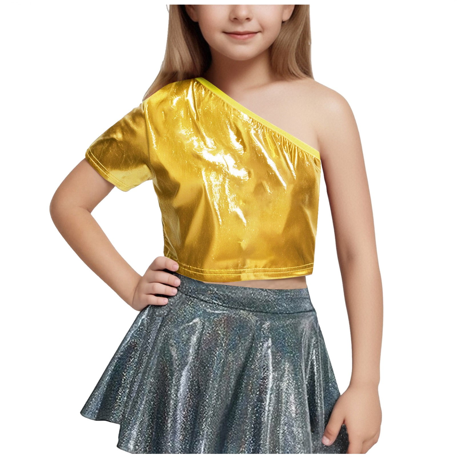 Diufon Sparkly Tops for Girls Trendy Plaid Glitter Single Shoulder Crop ...