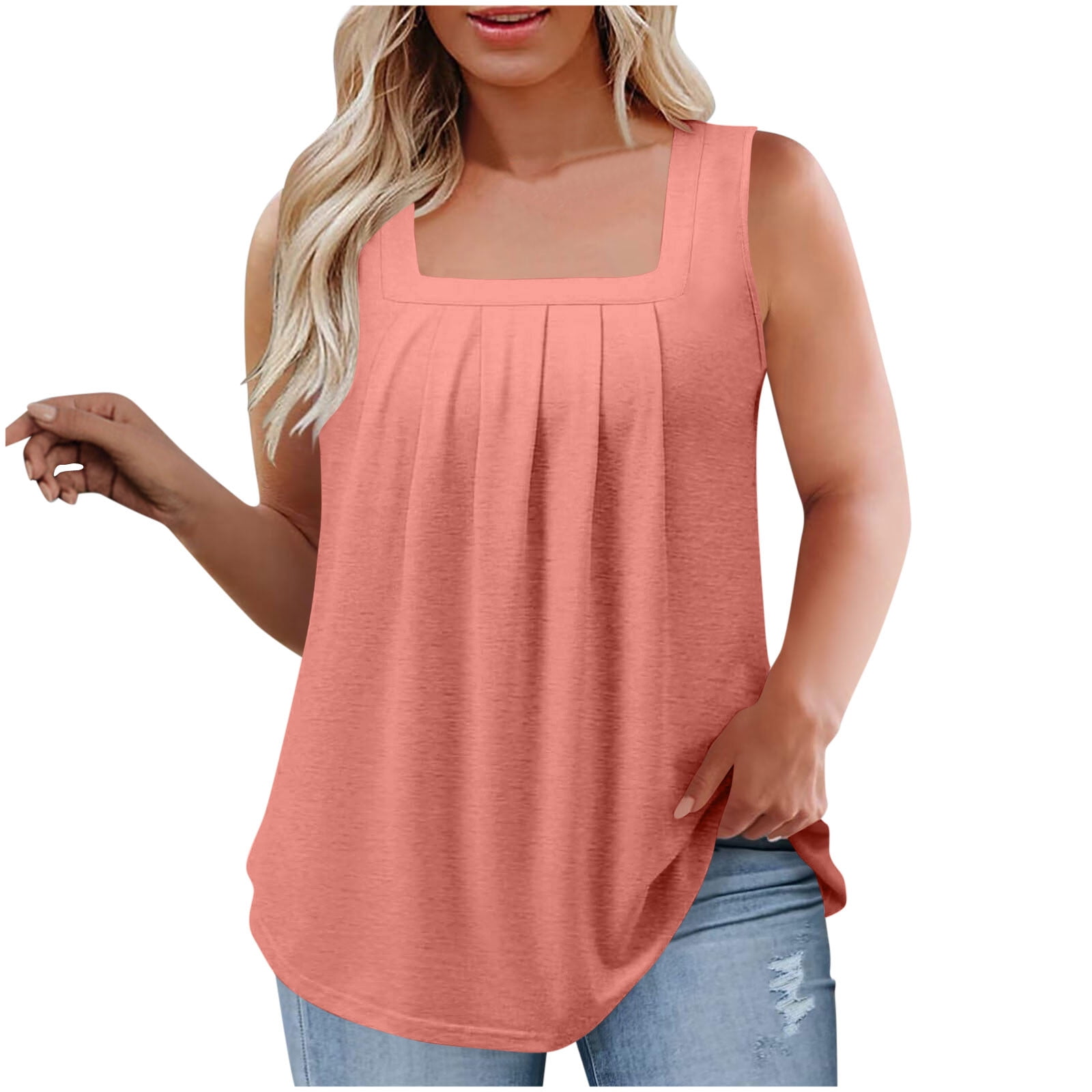 Diufon Summer Tank Tops for Women Plus Size Loose Pleated Square Neck Sleeveless Tops Casual ...