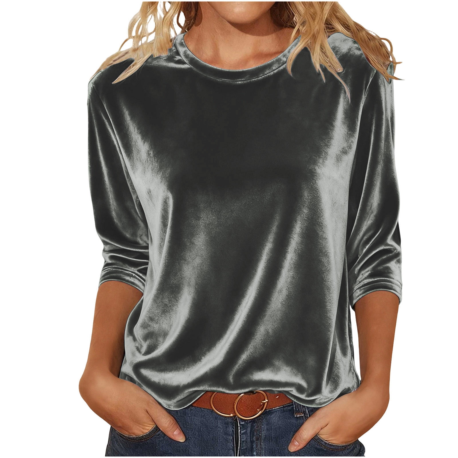 Diufon Velvet Tops for Women Dressy Casual Crewneck 3/4 Sleeve Velour ...