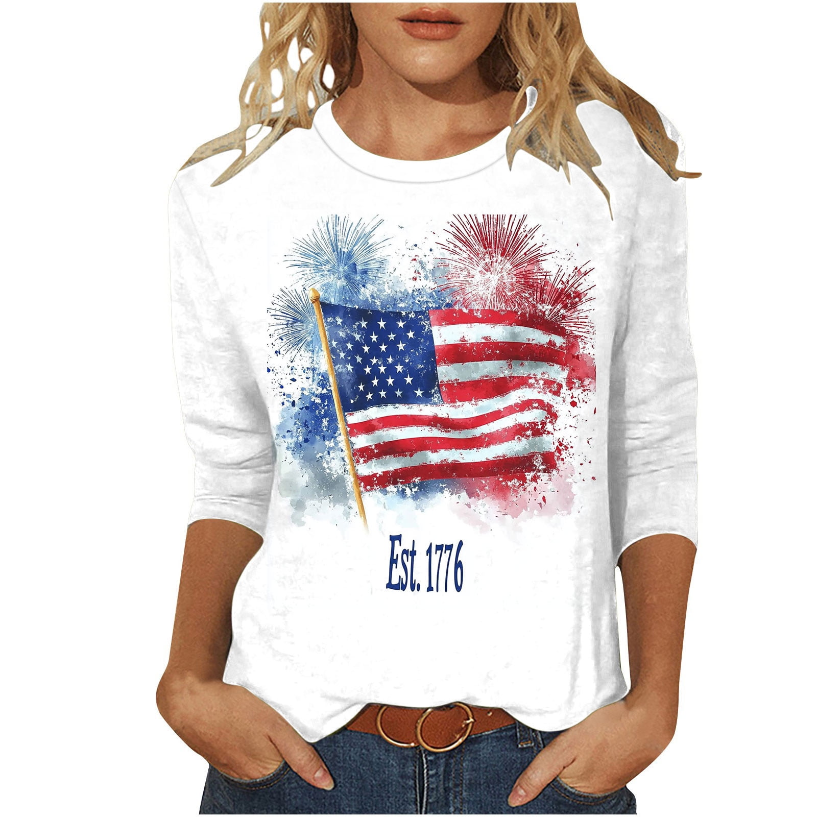 Diufon Western Graphic Tees for Women 3/4 Sleeve 4th of July Shirts ...