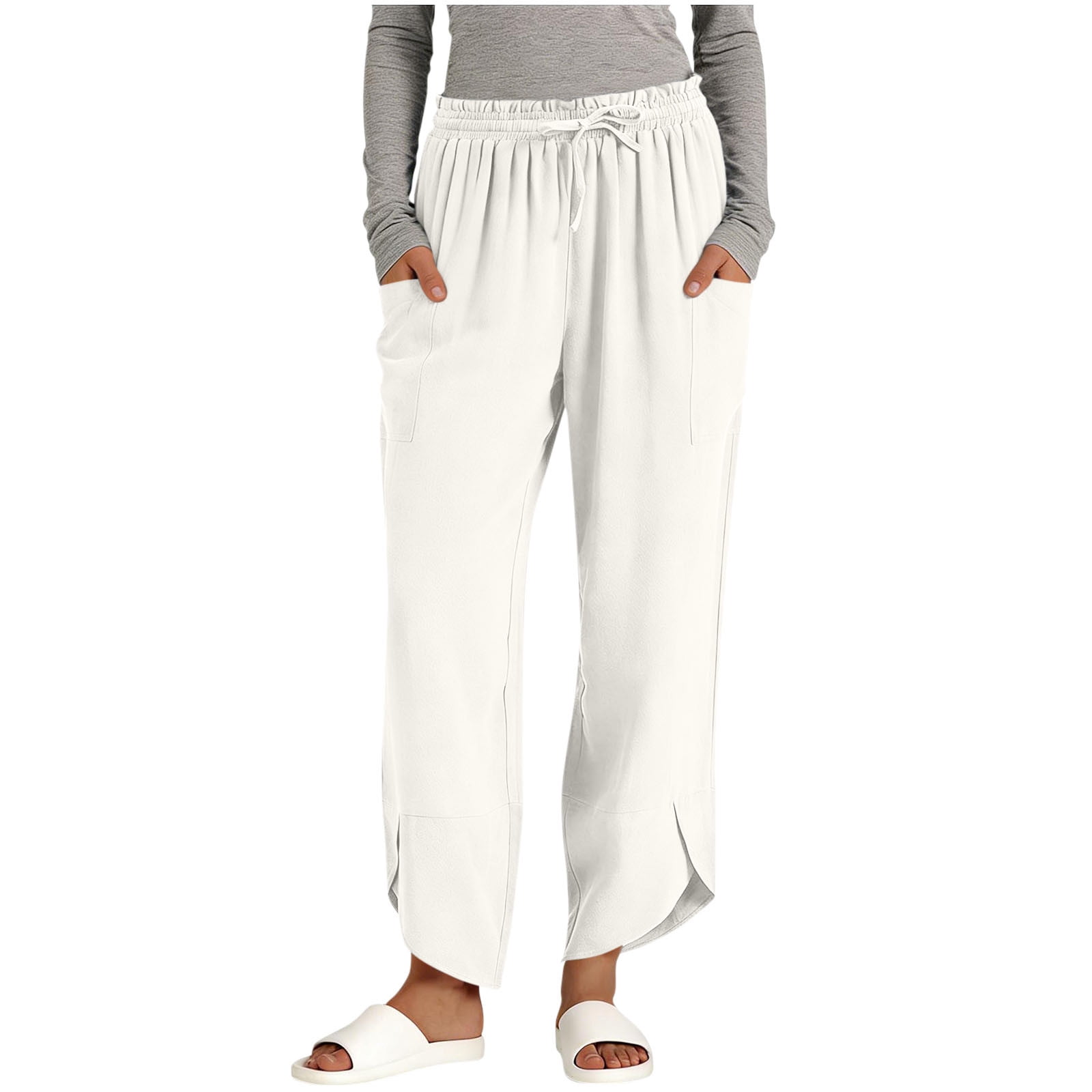 Diufon White Linen Pants Women Wide Leg High Waisted Drawstring Boho ...