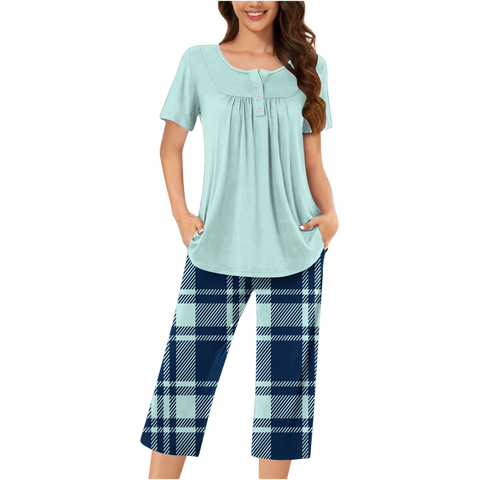 Diufon Women Plus Size Pjs Sets Button Short Sleeve Tops Plaid Capris ...