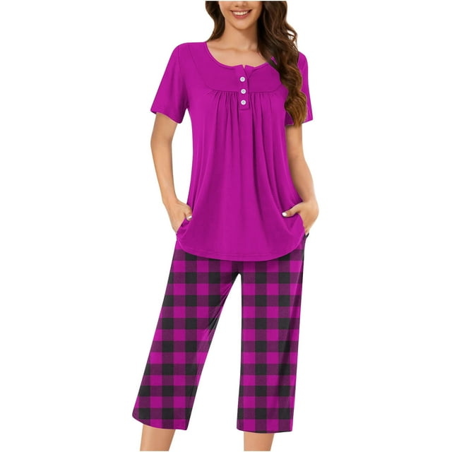 Diufon Women Plus Size Pjs Sets Button Short Sleeve Tops Plaid Capris ...