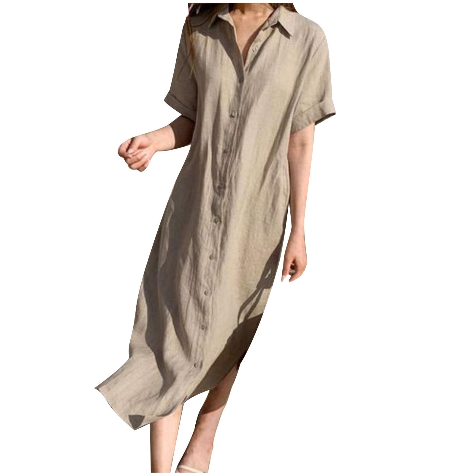 Diufon Women's Dresses Solid Color Lapel Collor Short Sleeve Shirts ...