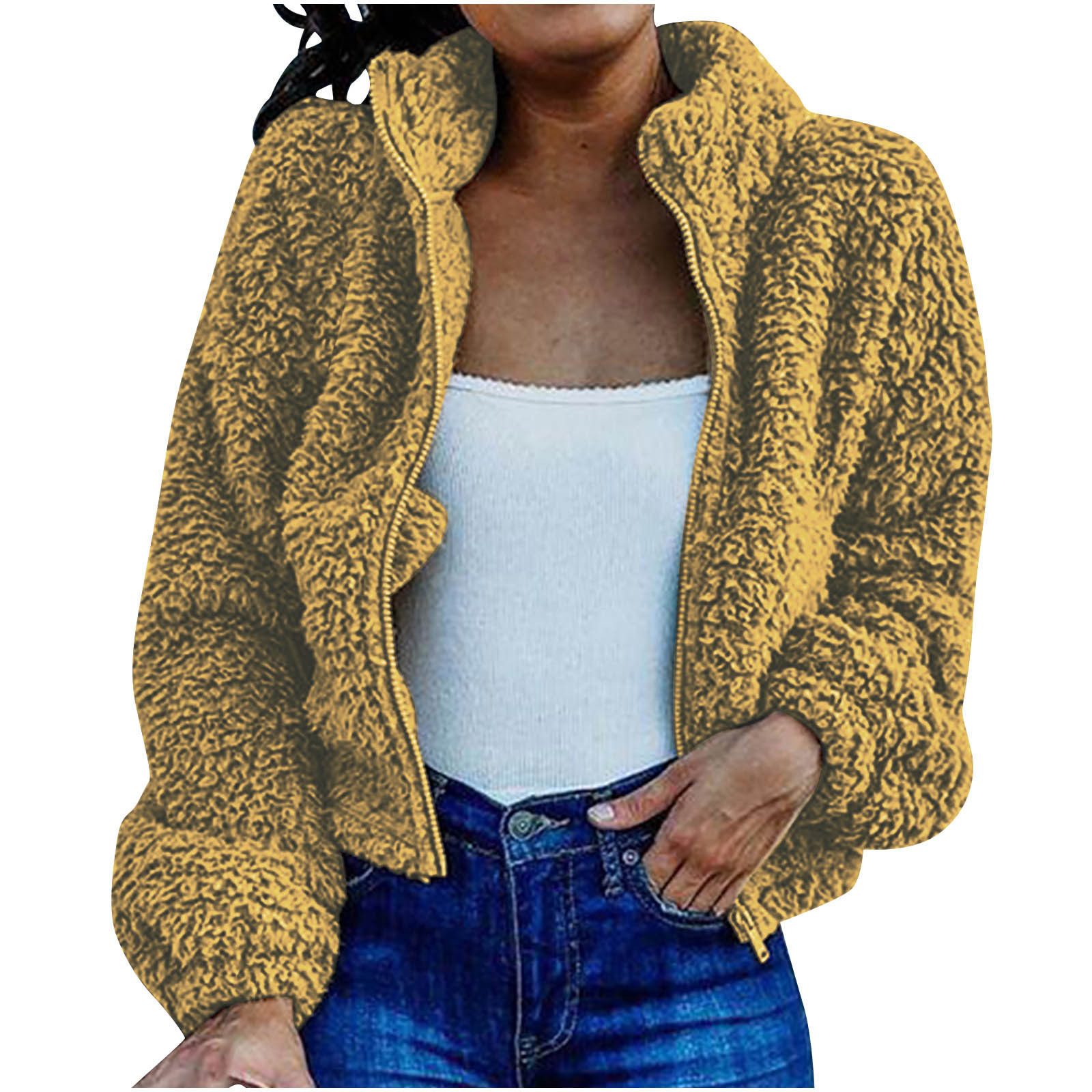 Diufon Women's Fleece Fuzzy Jacket Zipper Stand Collar Long Sleeved ...