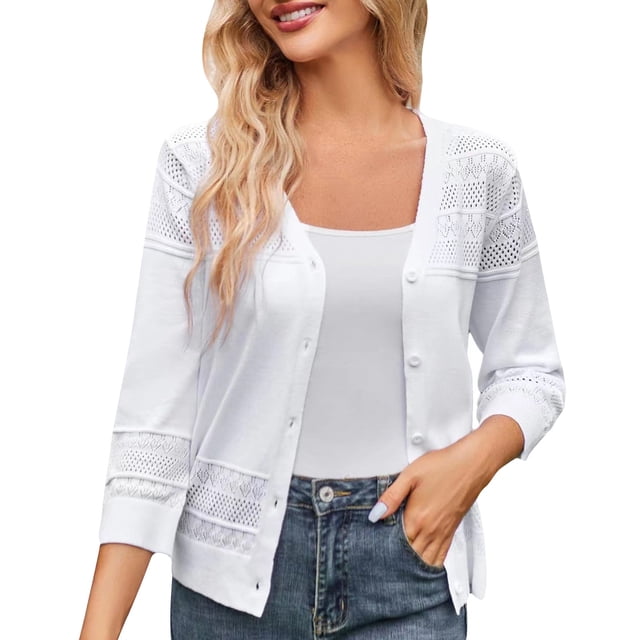 Diufon Women's Knitted Thin Cardigan Button Down Hollow Out Sweater ...