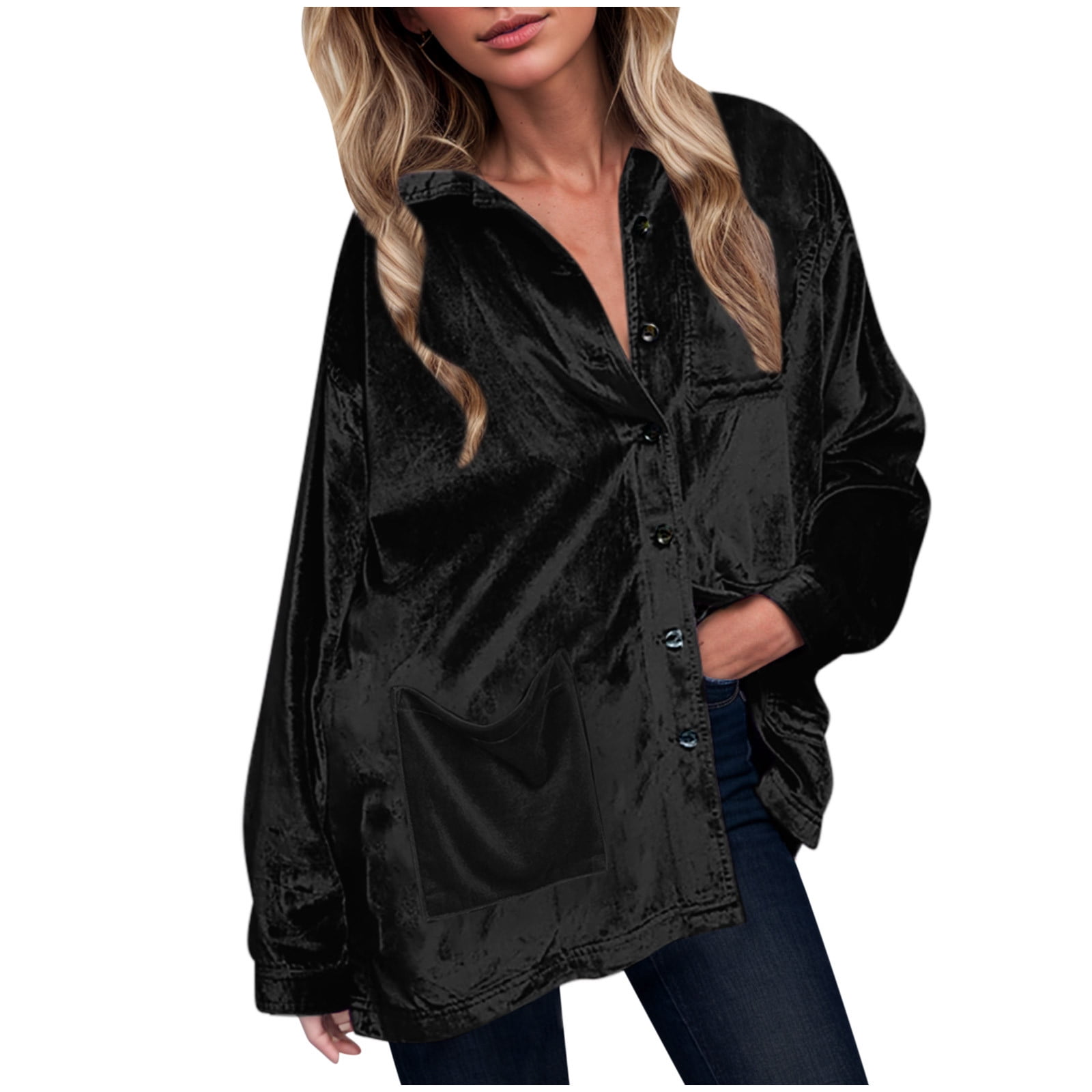 Diufon Women's Oversized Velvet Shirts Long Sleeve Lapel Button Down ...