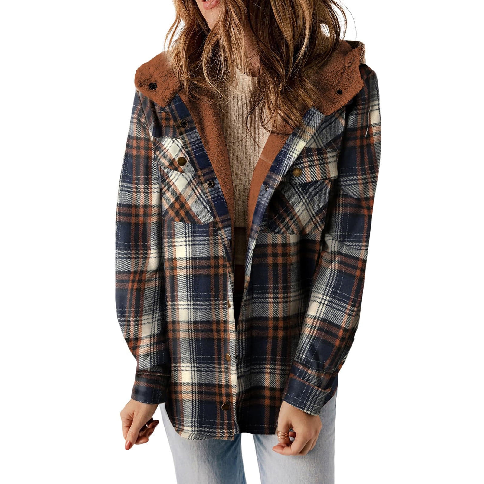 Diufon Women's Plaid Shacket Jacket Hooded Fleece Lining Long Sleeve ...