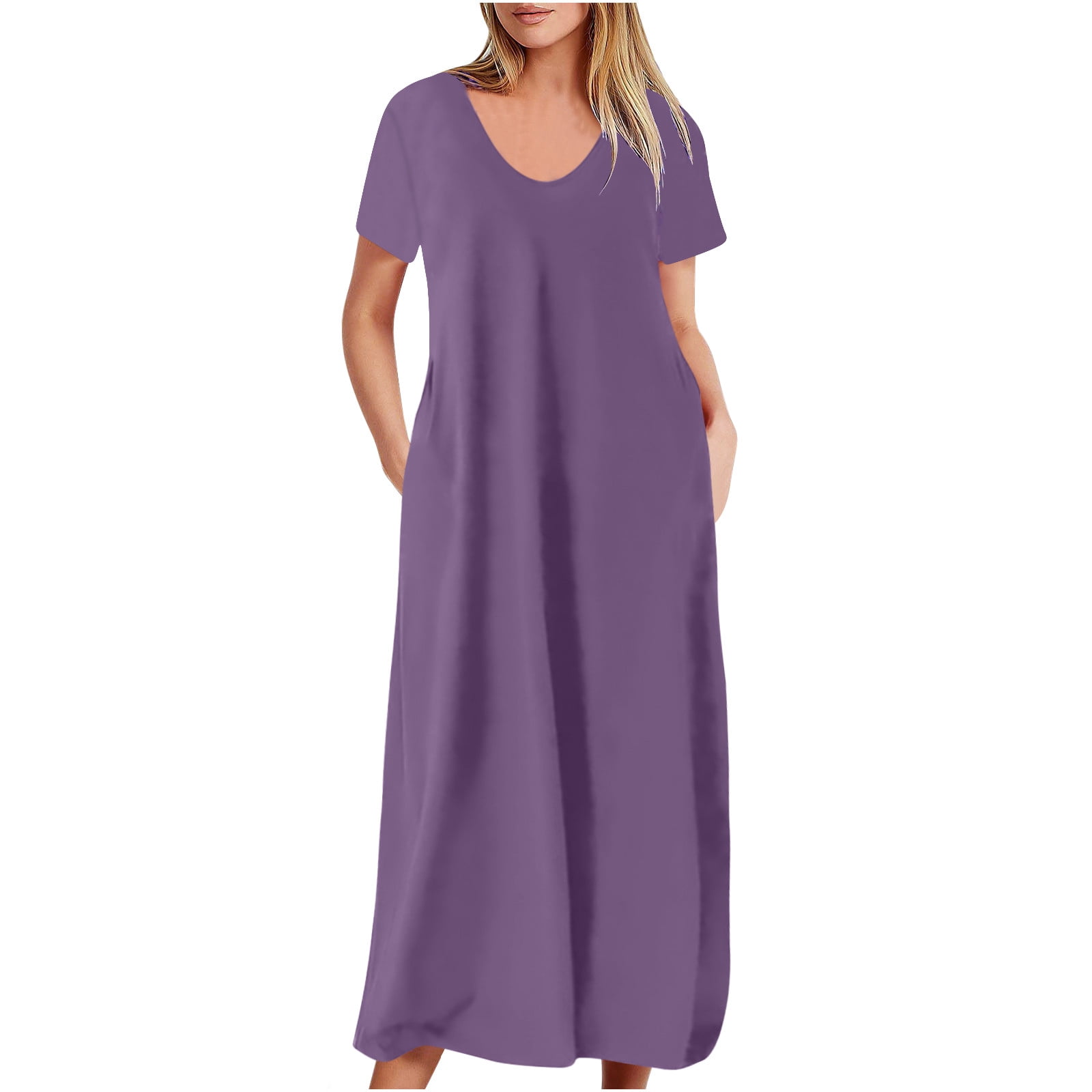 Diufon Women's Plus Size Dresses Solid Color Dress V Neck Short Sleeve ...