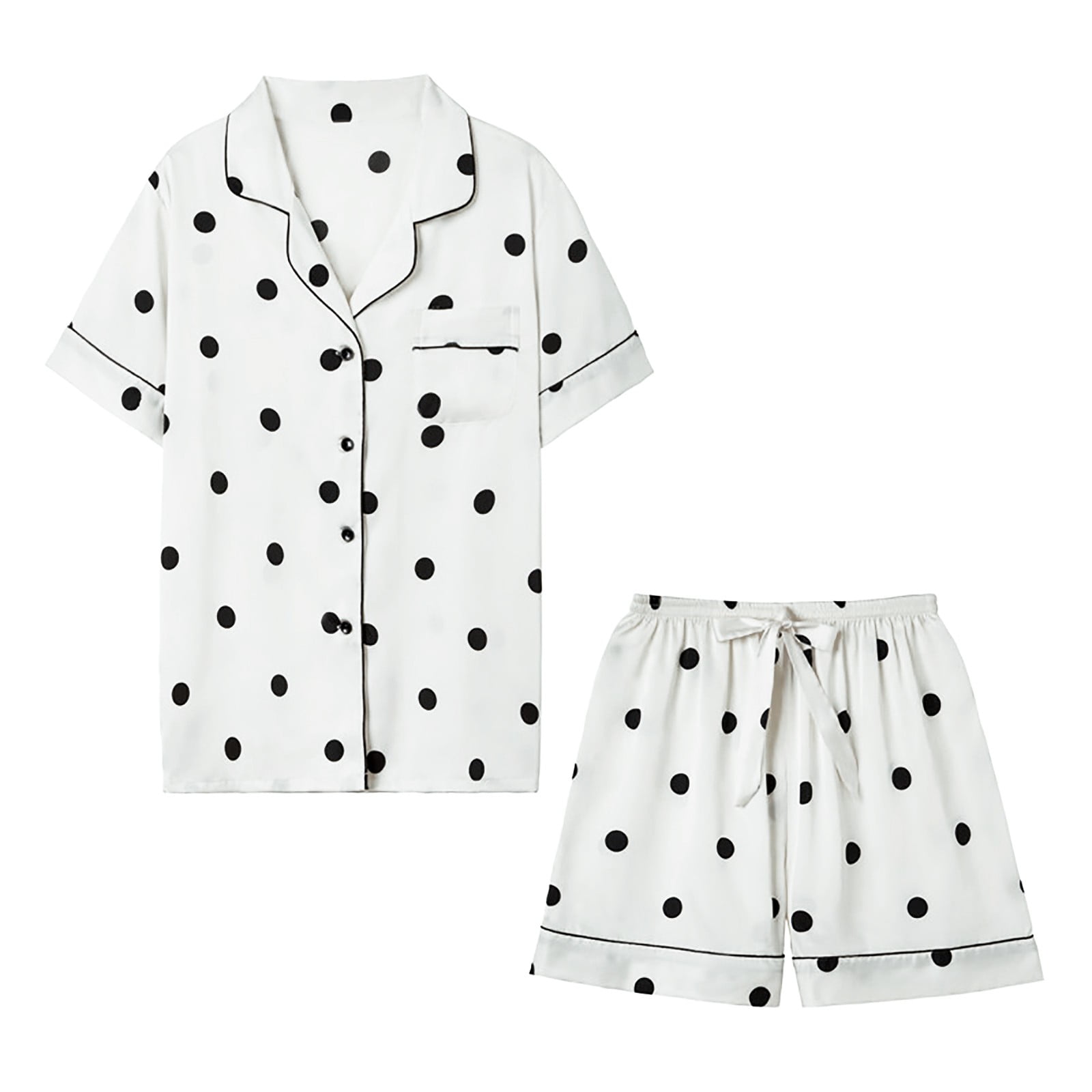 Diufon Women's Satin Homewear Set Short Sleeve Shirt Elastic Waist Lace ...