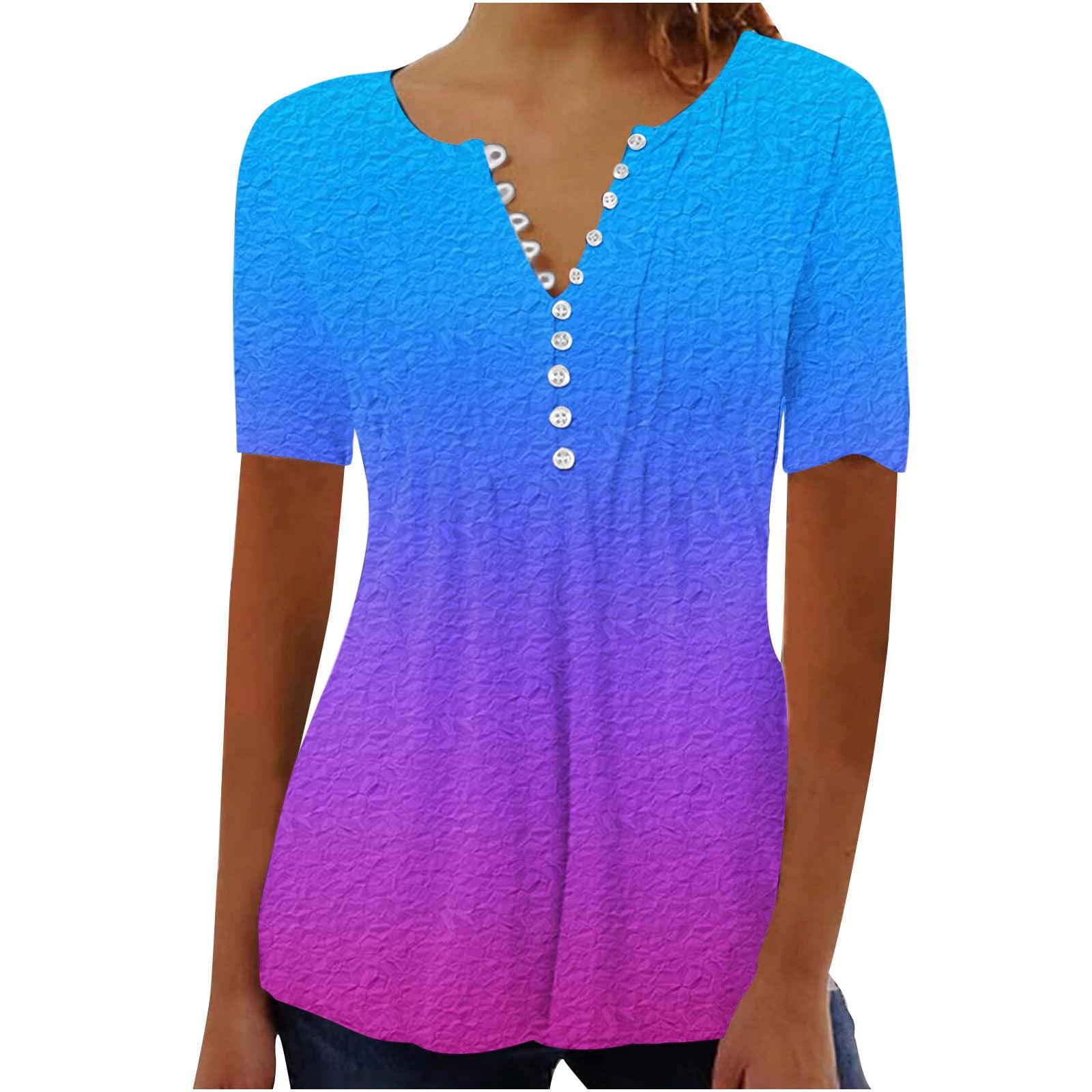 Diufon Women's Tunic Tops Short Sleeve V Neck Button Up Pleated Loose ...