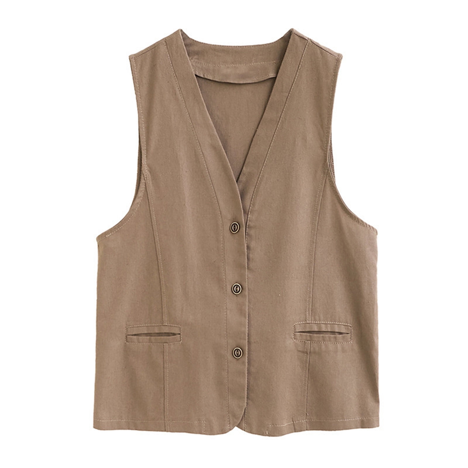 Diufon Womens Cotton Linen Vest Solid Color Casual Tops V Neck ...