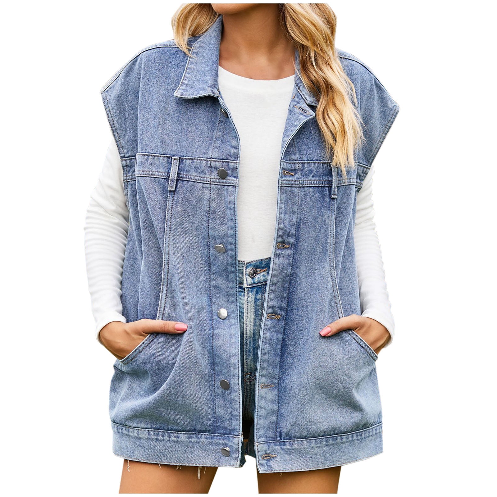Diufon Womens Denim Vest Solid Color Jackets Lapel Collar Button Cap ...